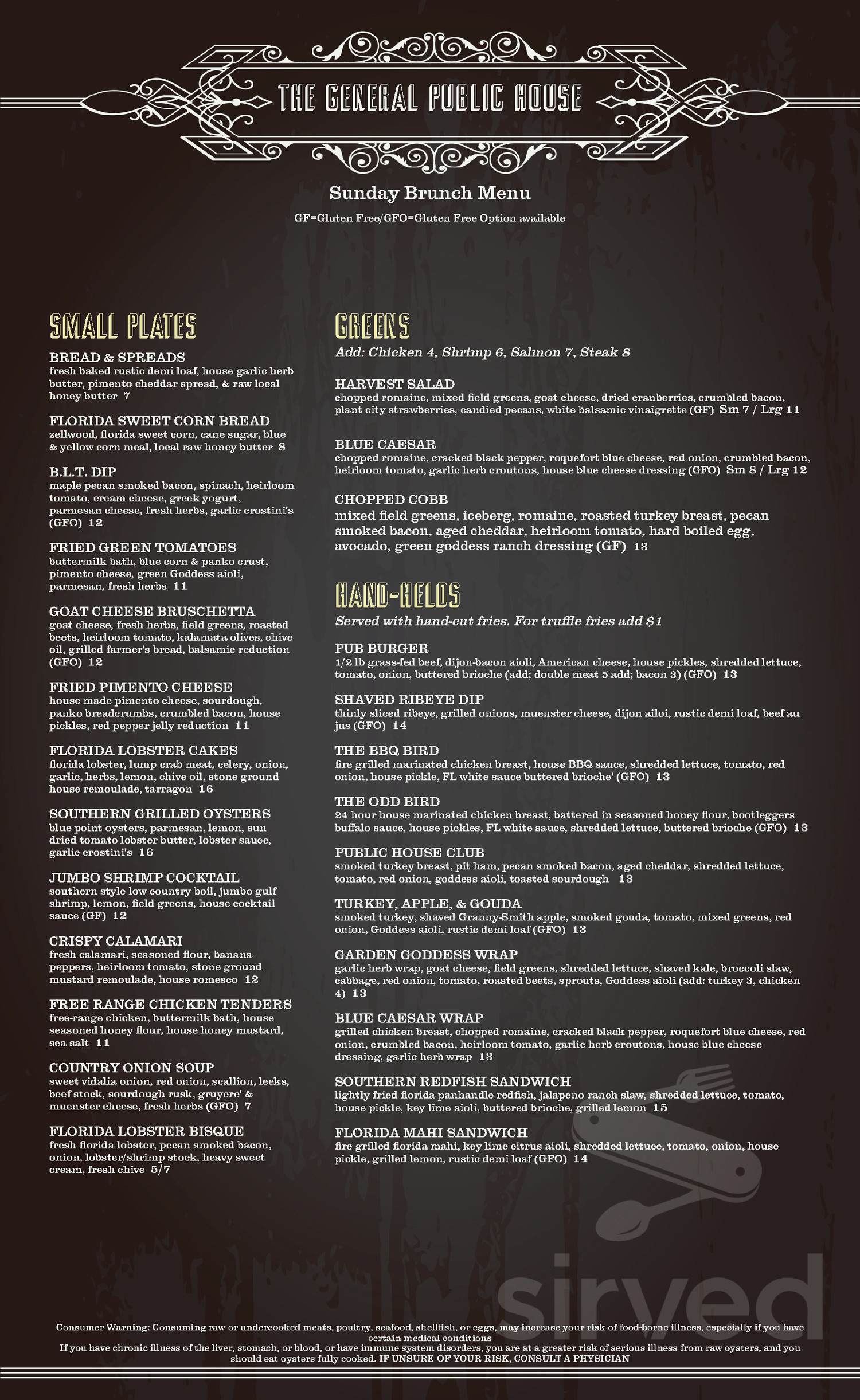 The General Public House menu in New Smyrna Beach, Florida, USA
