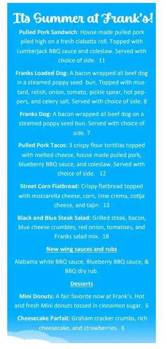 Frank's Lounge menu in Fargo, North Dakota, USA
