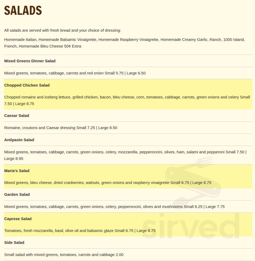 Tano's Pizzeria menu in Chicago, Illinois, USA