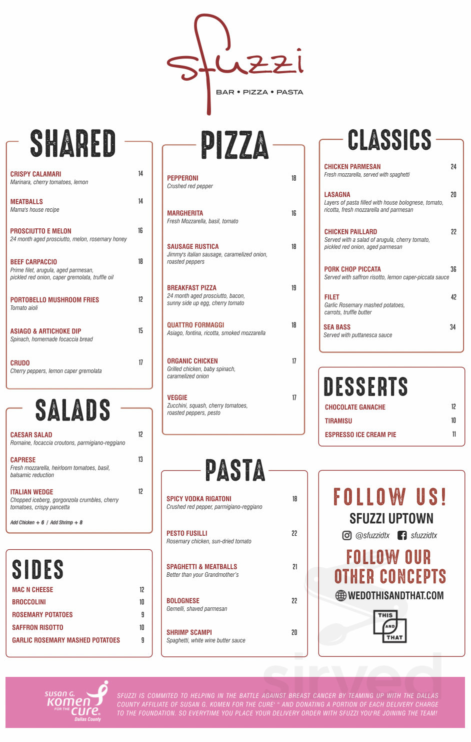 Sfuzzi menu in Dallas, Texas, USA