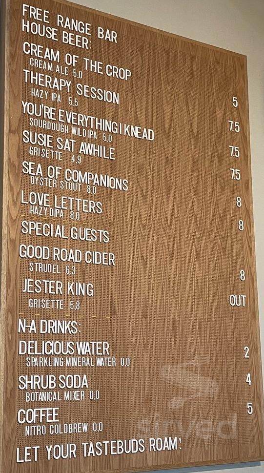 Free Range Brewing menu in Charlotte, North Carolina, USA