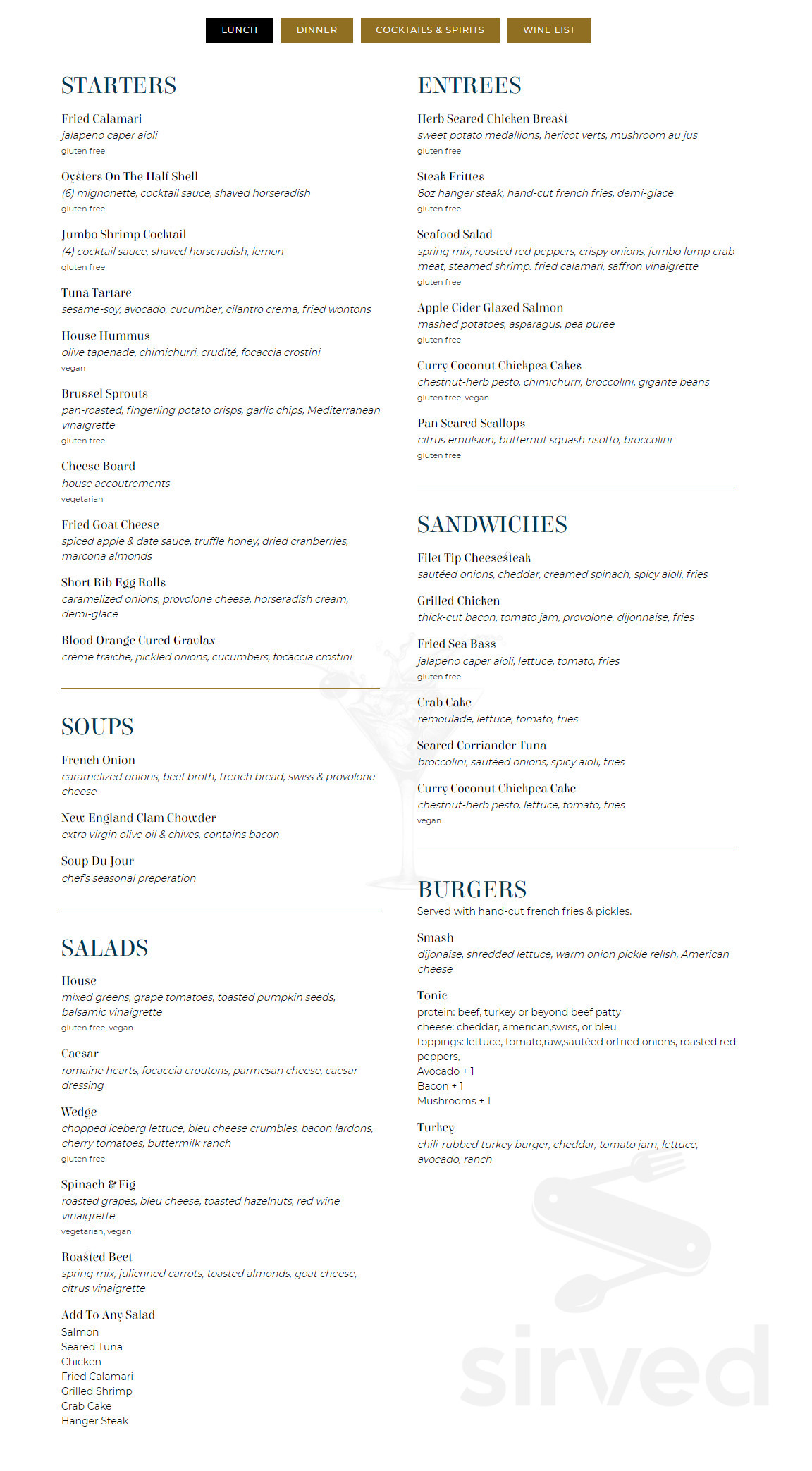 Tonic Seafood & Steak menu in Wilmington, Delaware, USA