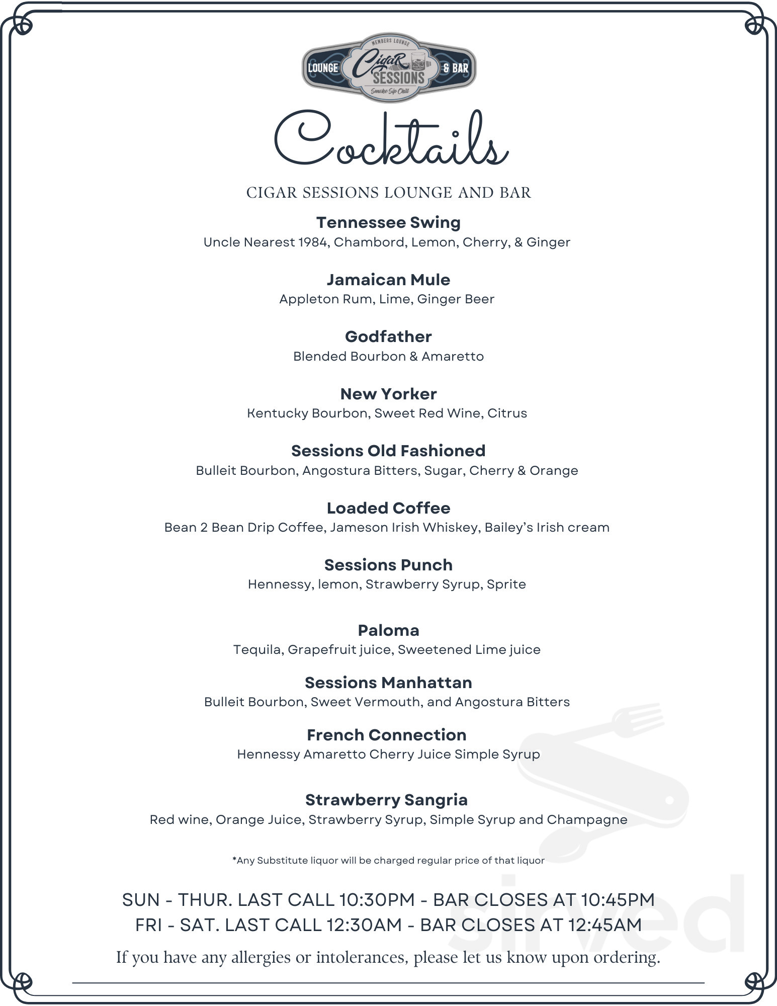 Menu for Cigar Sessions in Middletown, DE | Sirved