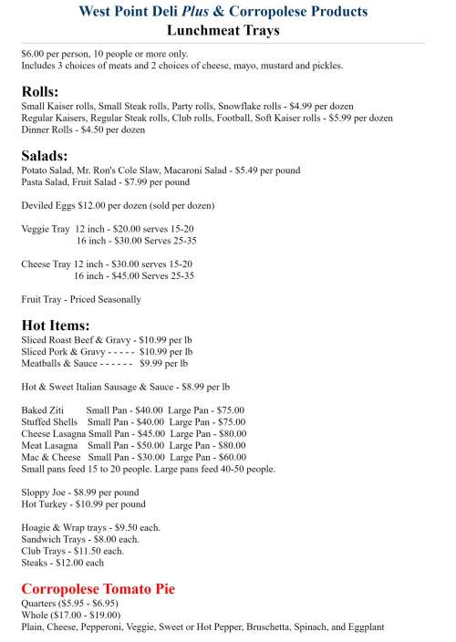 West Point Deli Plus menu in Lansdale, Pennsylvania, USA