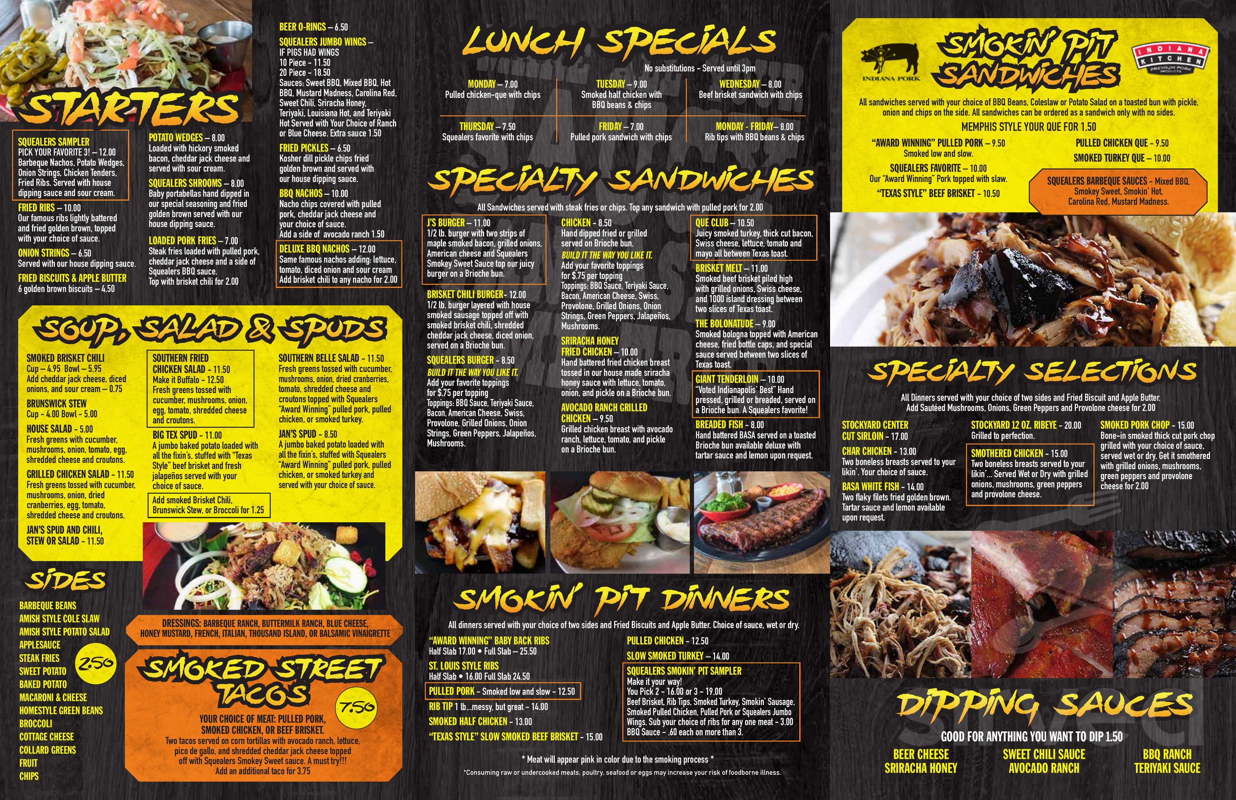 Squealers Award Winning Barbeque menu in Mooresville, Indiana, USA