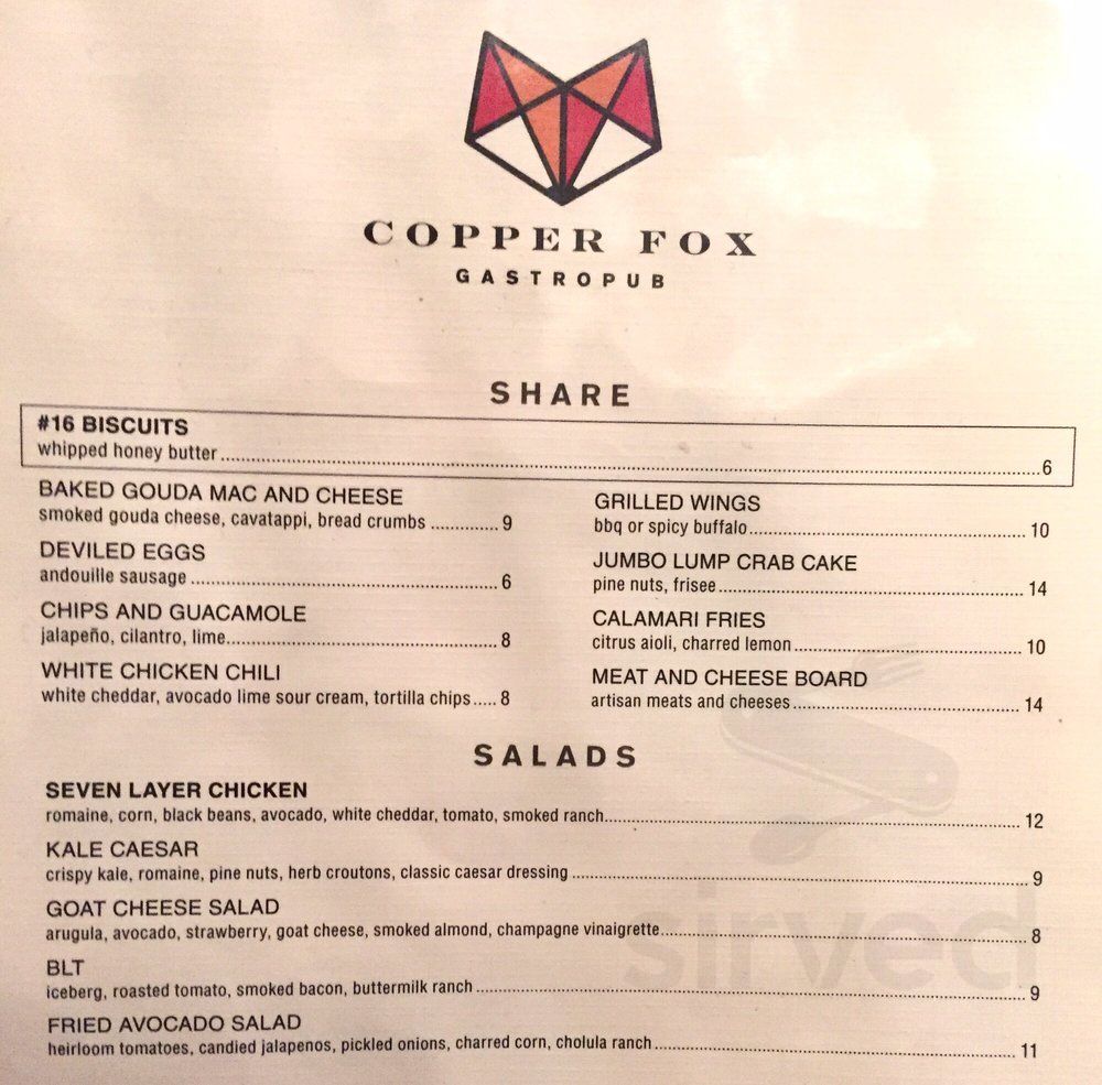 Copper Fox menu in Chicago, Illinois, USA