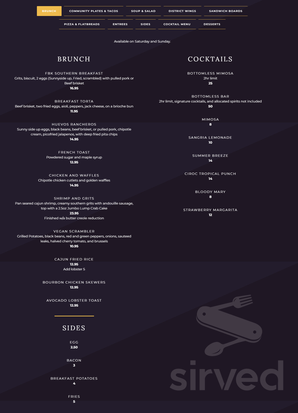 Menu for The District GastroBar in Orlando, Florida, United States
