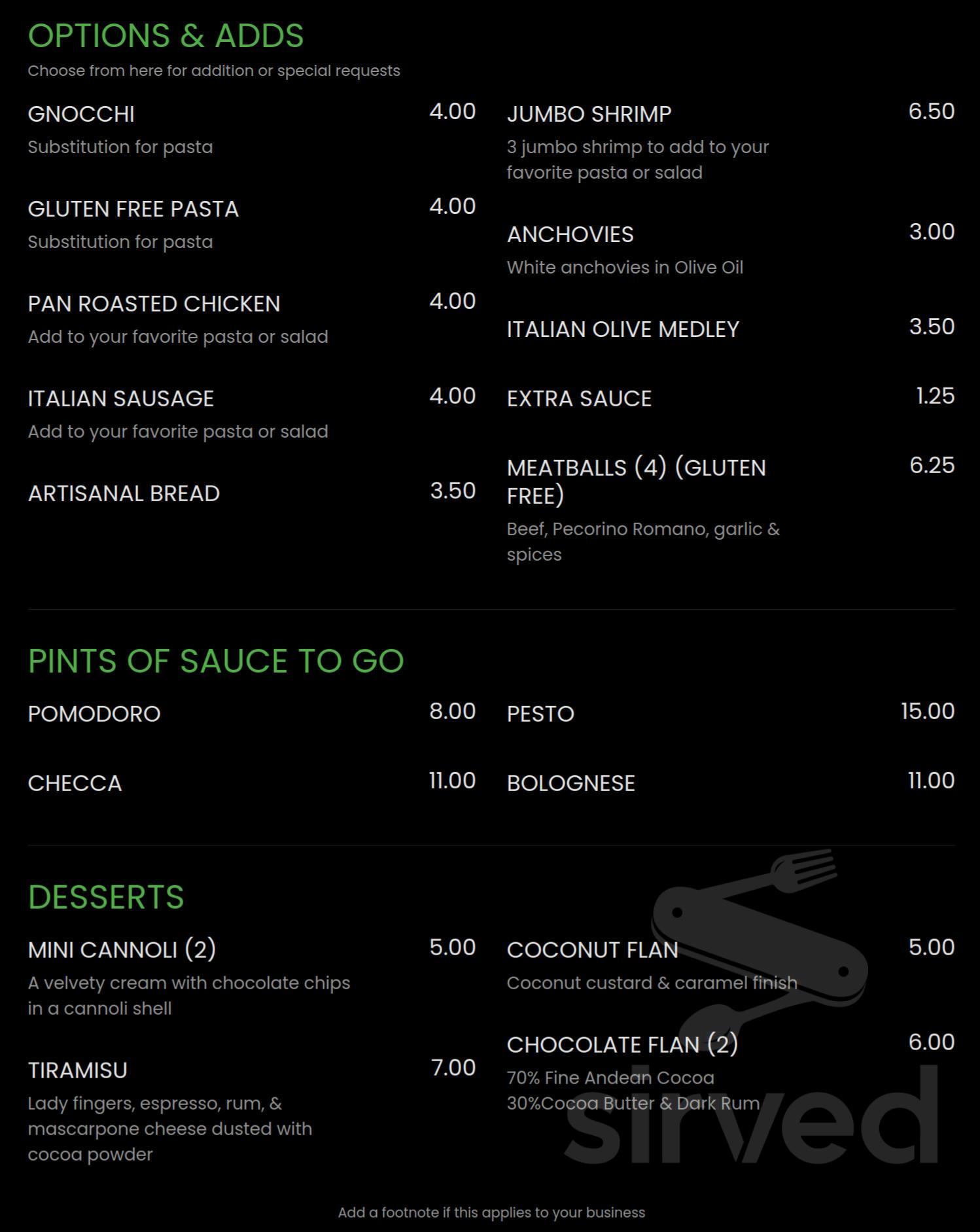 Grano Pasta Bar menu in Baltimore, Maryland, USA
