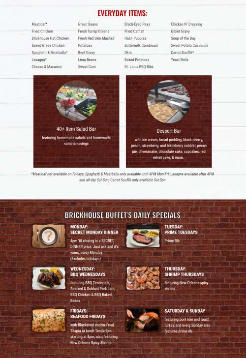 Brickhouse Buffet menu in Bartlett, Tennessee, USA