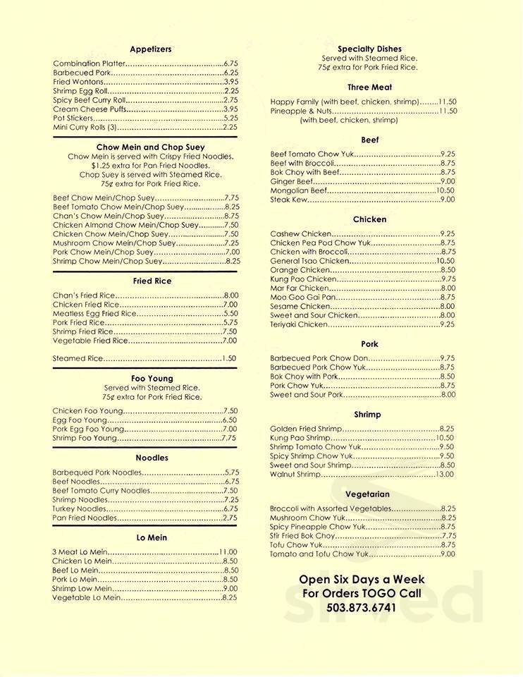 Menu - Silverton OR's Chan's Restaurant | Sirved