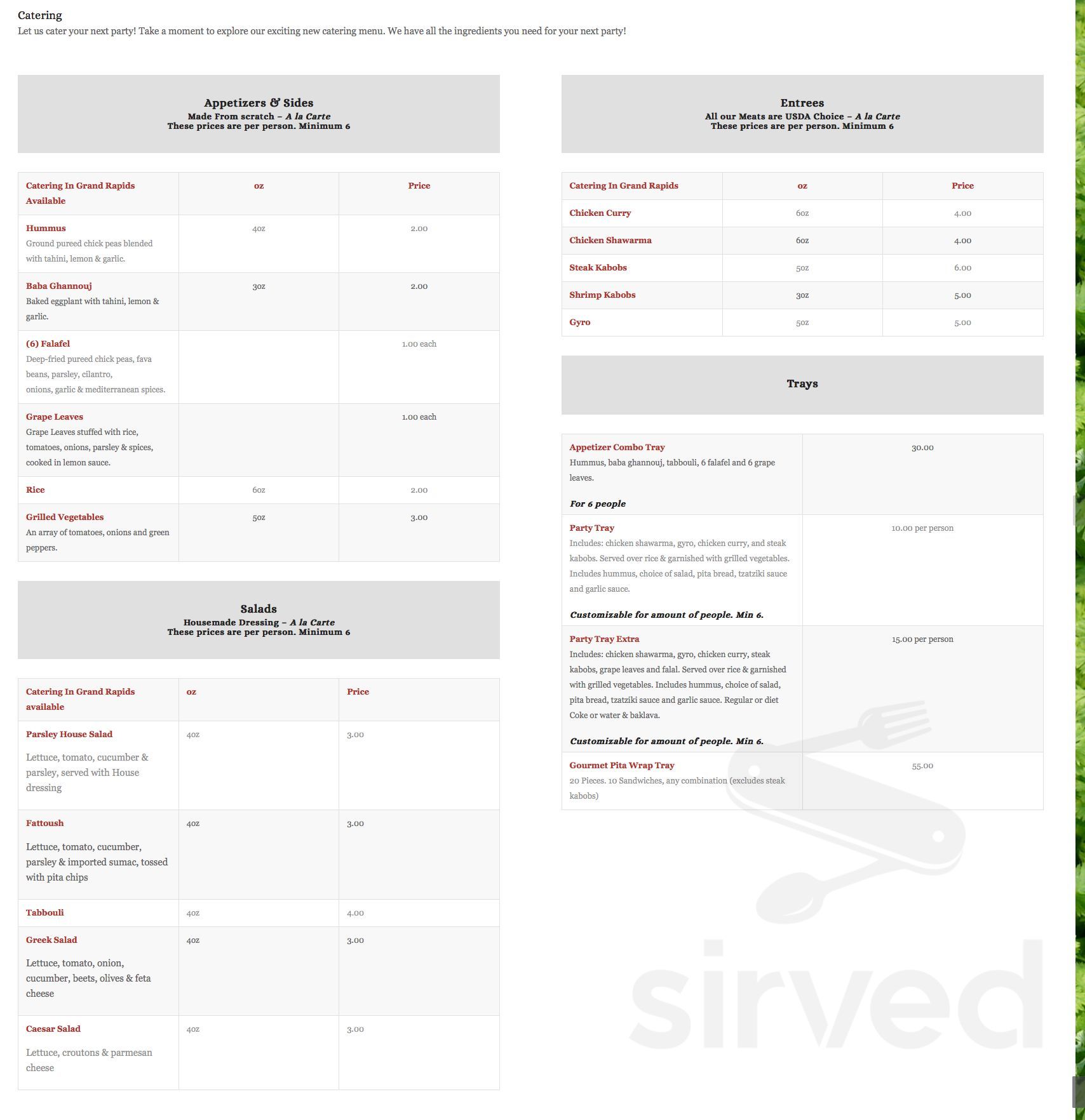 Menu for Parsley Mediterranean Bar & Grill in Grand Rapids, MI | Sirved