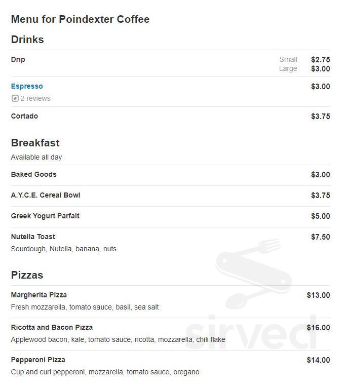 Poindexter Coffee menu in Columbus, Ohio, USA