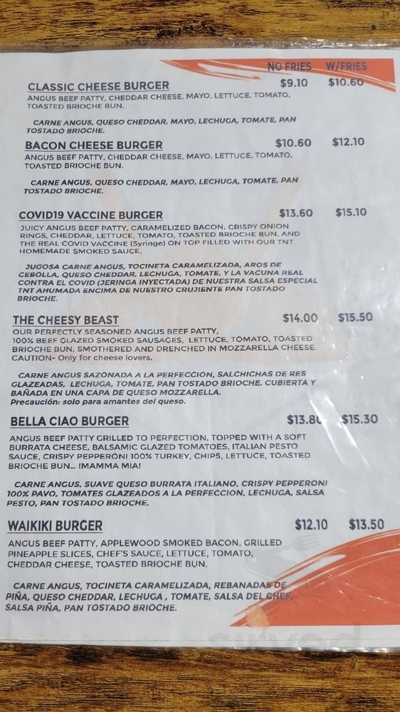 TNT BURGER menu in Tampa, Florida, USA