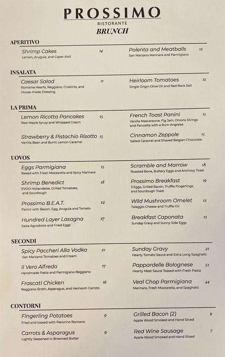Prossimo Ristorante menu in Tulsa, Oklahoma, USA