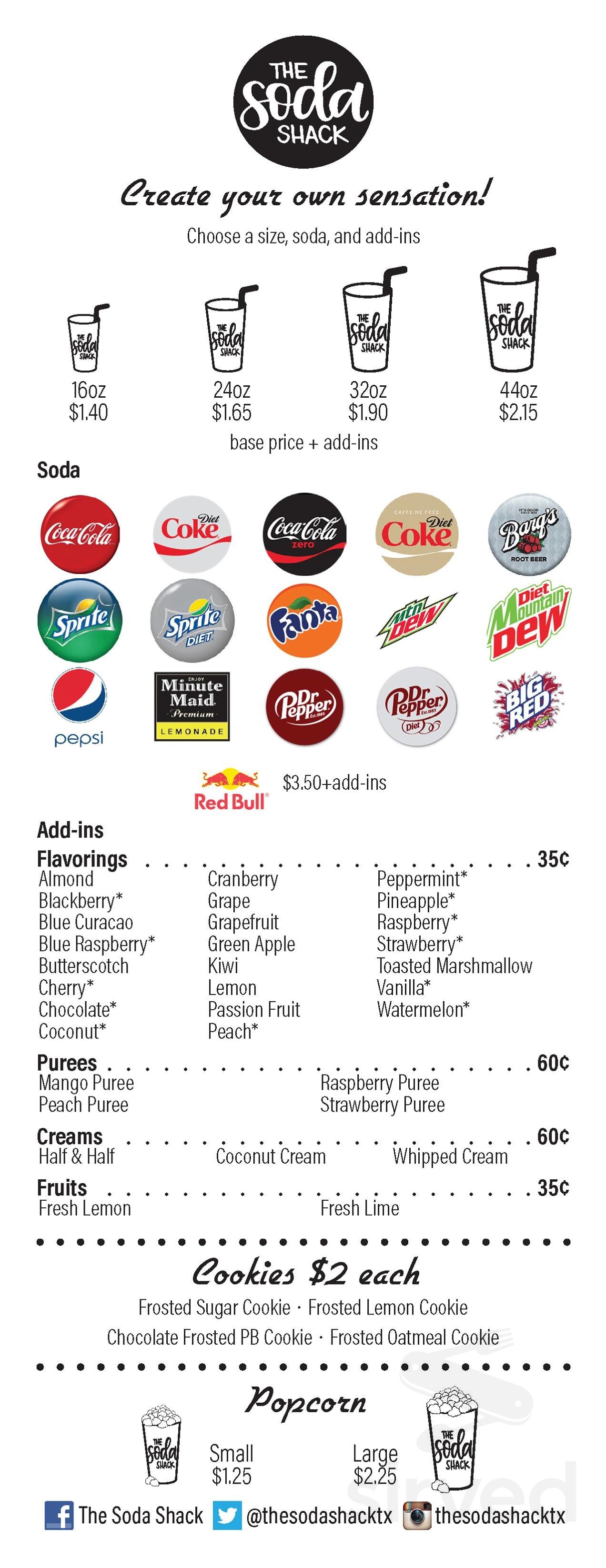 Menu for The Soda Shack in Lubbock, TX | Sirved