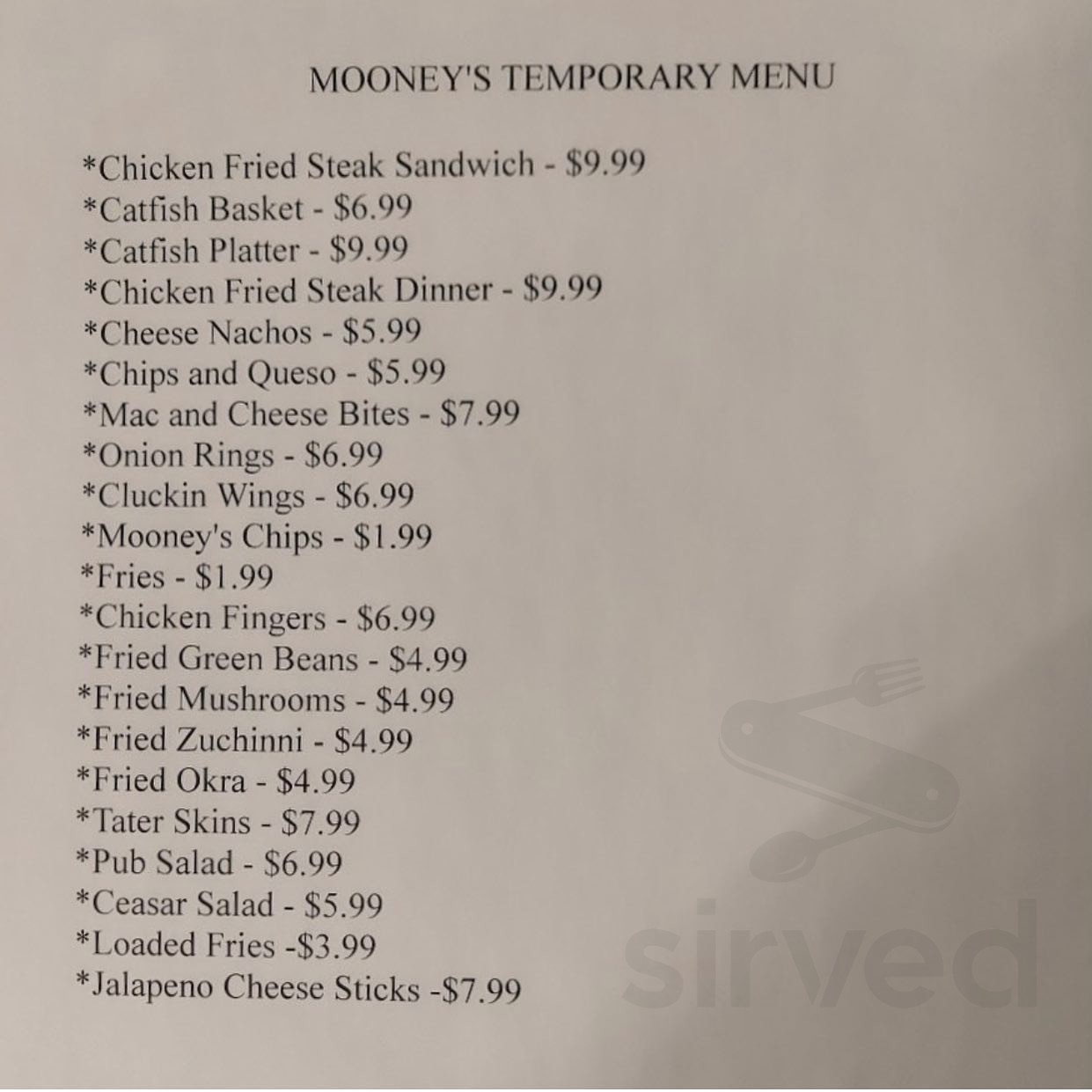 Menu for Mooney's Pub & Grill in Norman, OK | Sirved
