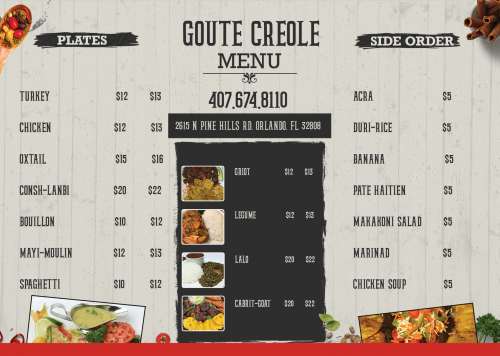 Goute creole restaurant menu in Orlando, Florida, USA