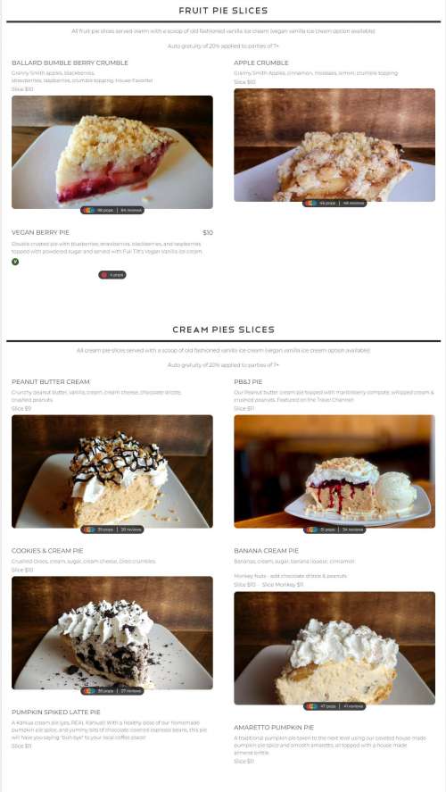 Pie Bar Phinney menu in Seattle, Washington, USA