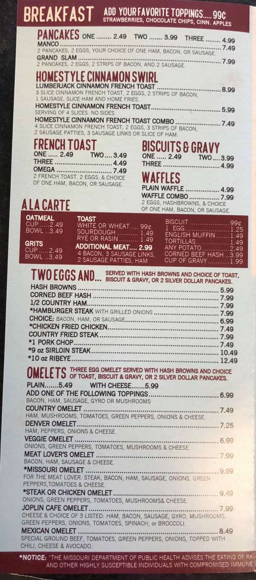 Joplin Café menu in Joplin, Missouri, USA
