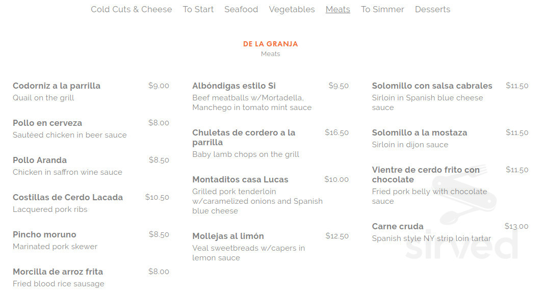 Si Tapas menu in Dallas, Texas, USA