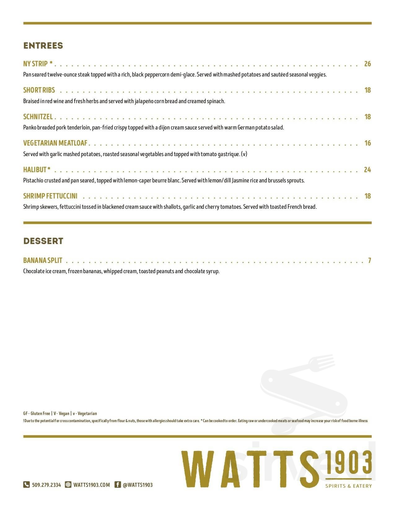 Menu - Spokane WA's Watts 1903 Spirits & Eatery | Sirved