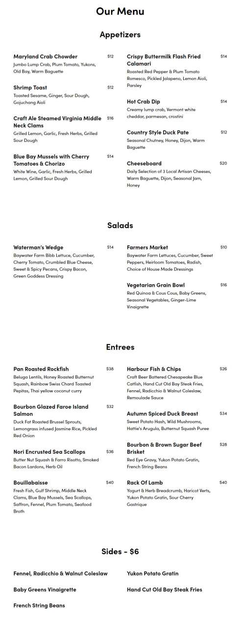 Harbour Restaurant at Canal Square menu in Lewes, Delaware, USA