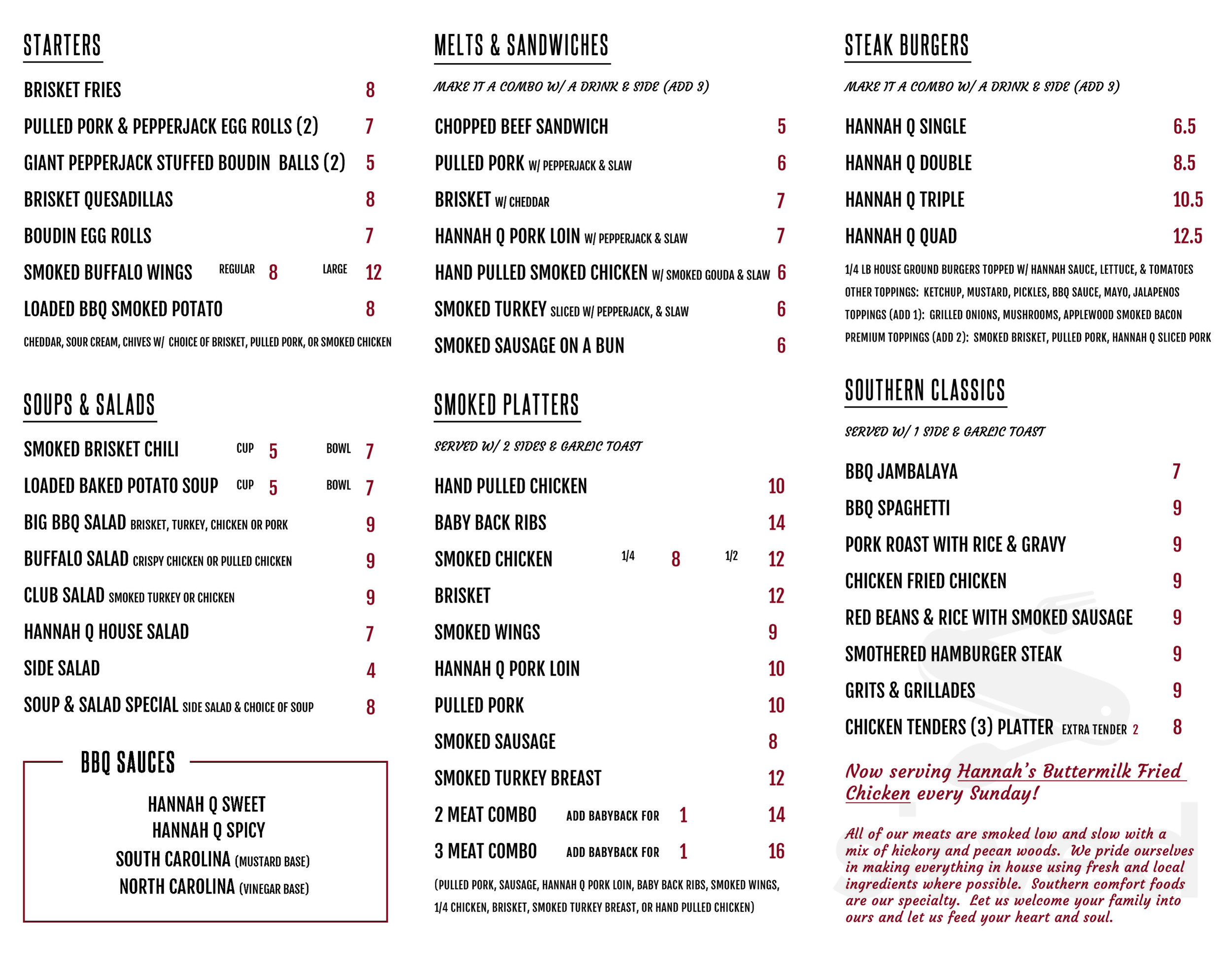 Hannah Q Smokehouse menu in Baton Rouge, Louisiana, USA