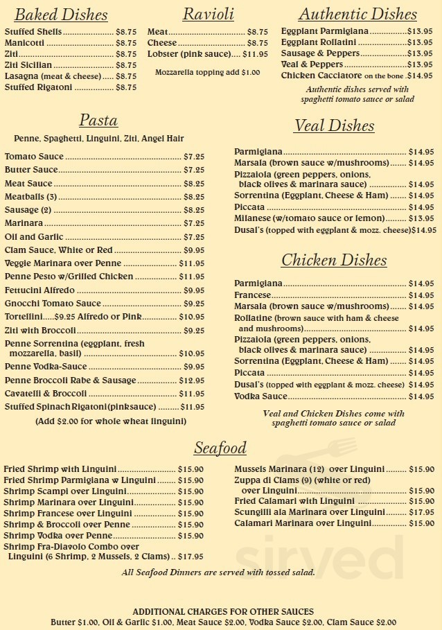 Dusal's Italian Restaurant menu in Freehold, New Jersey, USA