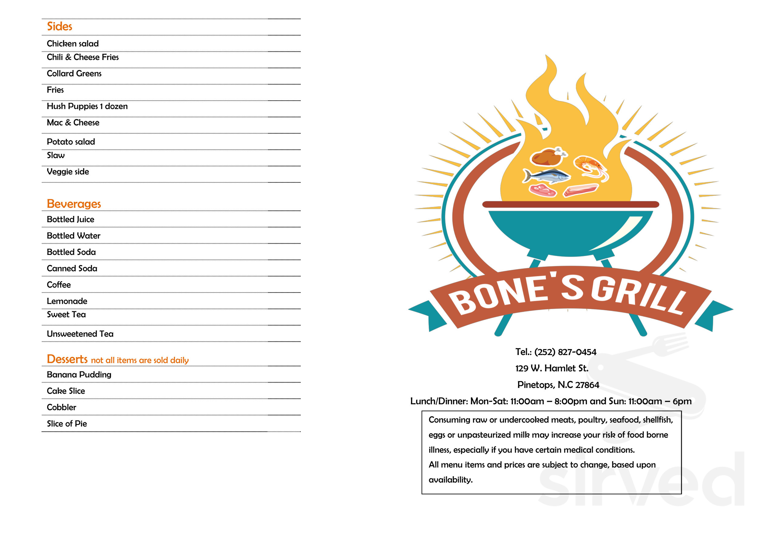 Bone's Grill menus in Pinetops, North Carolina, United States