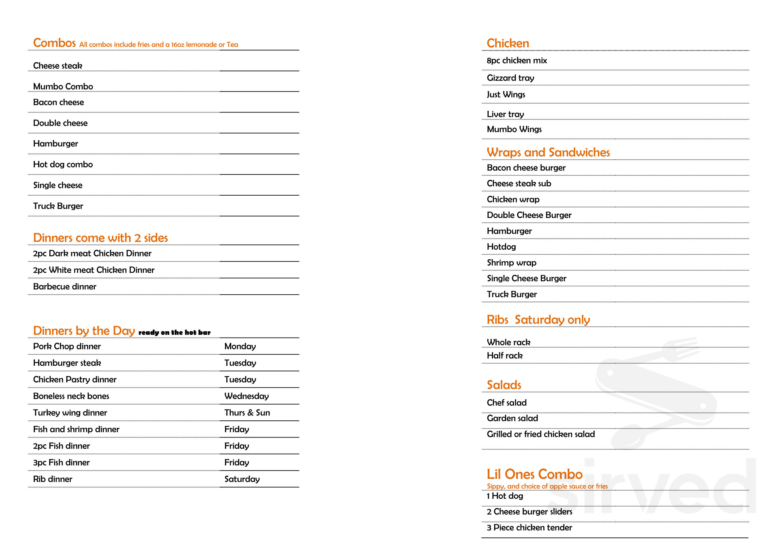 Menu for Bone's Grill in Pinetops, NC | Sirved