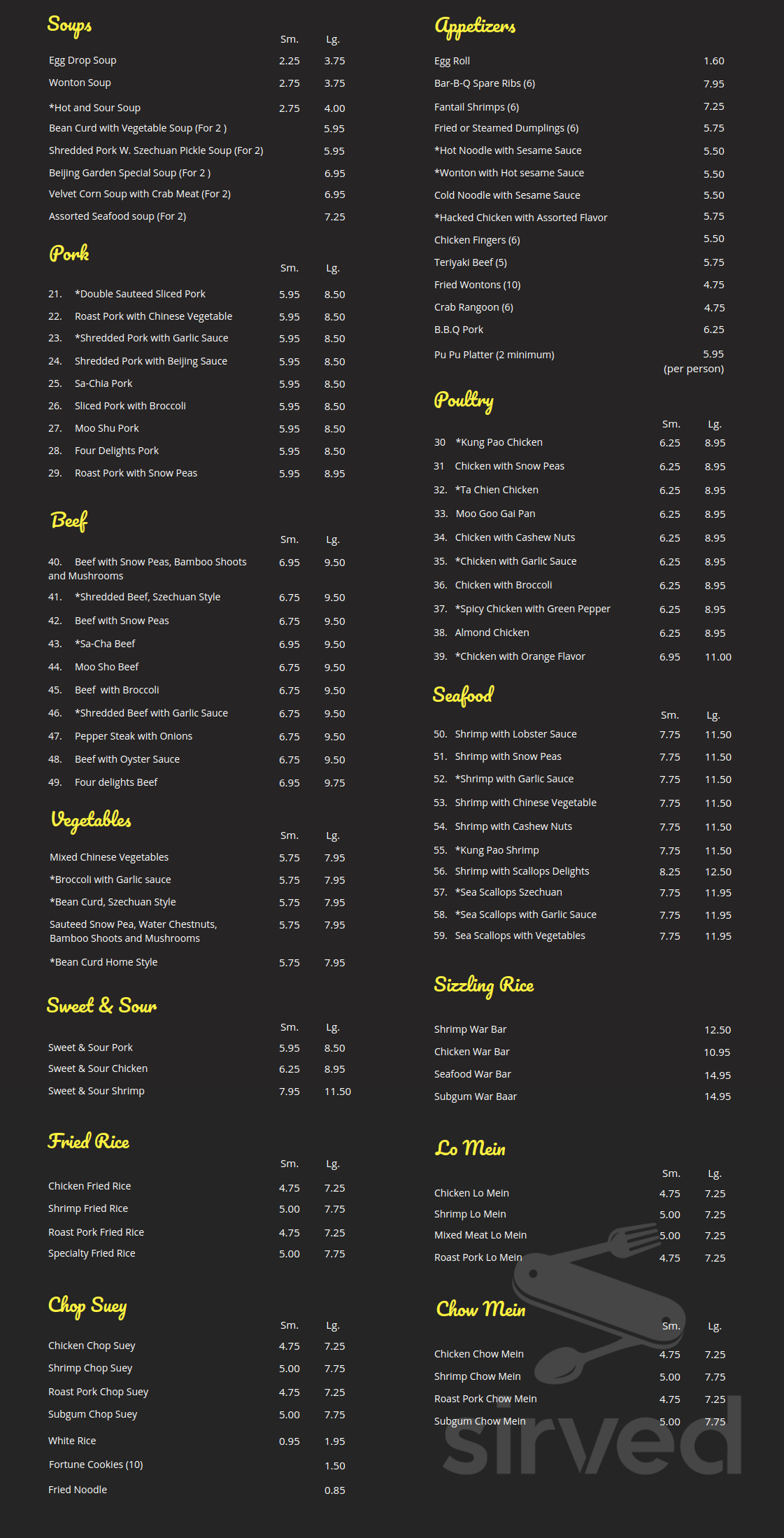 Beijing Garden Elmira Menu
