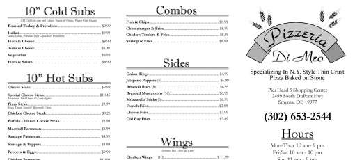 Menu for Pizzeria DiMeo SMYRNA DELAWARE in Smyrna, DE | Sirved