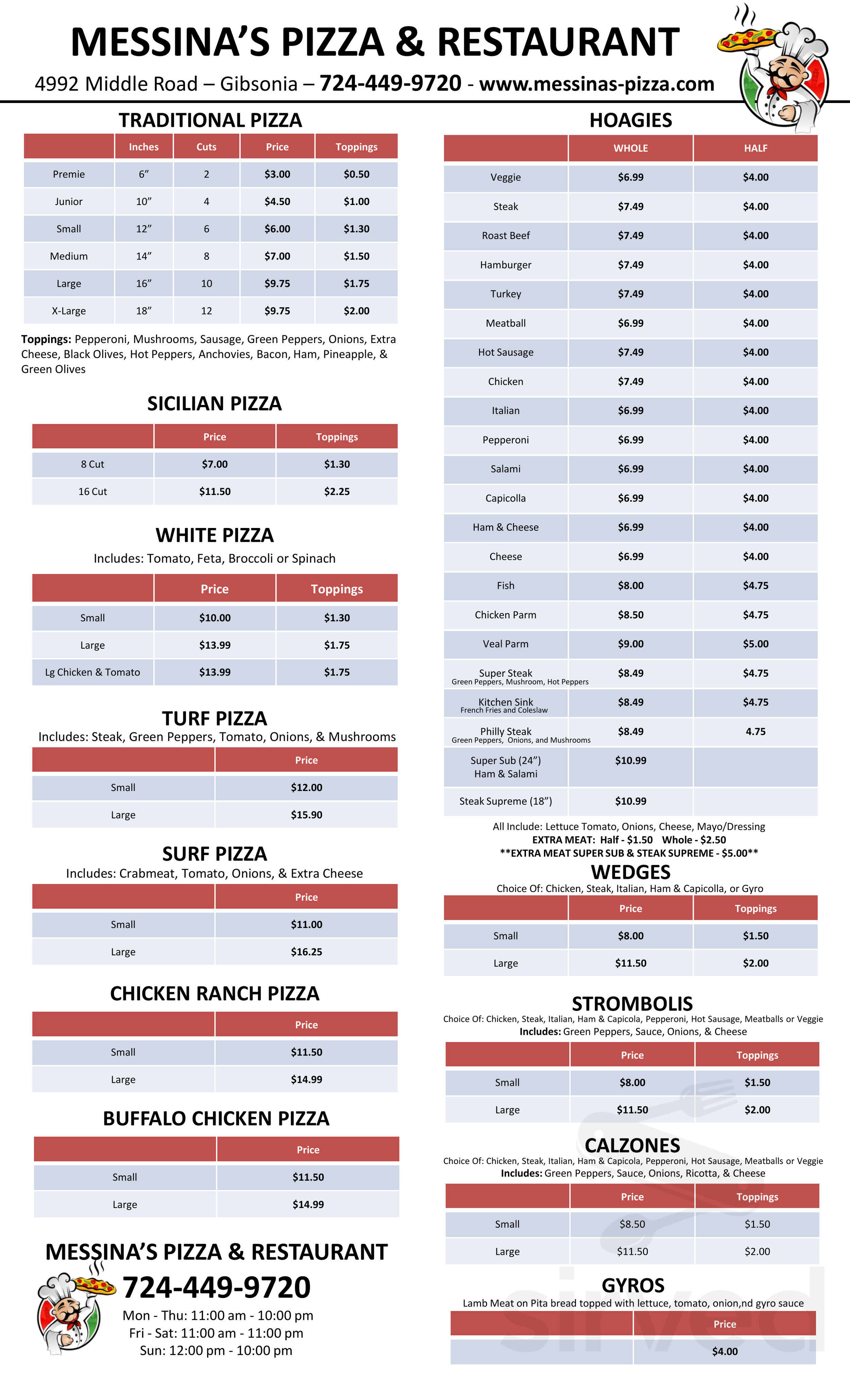 Menu for Messina's Pizza & Restaurant in Allison Park, PA | Sirved