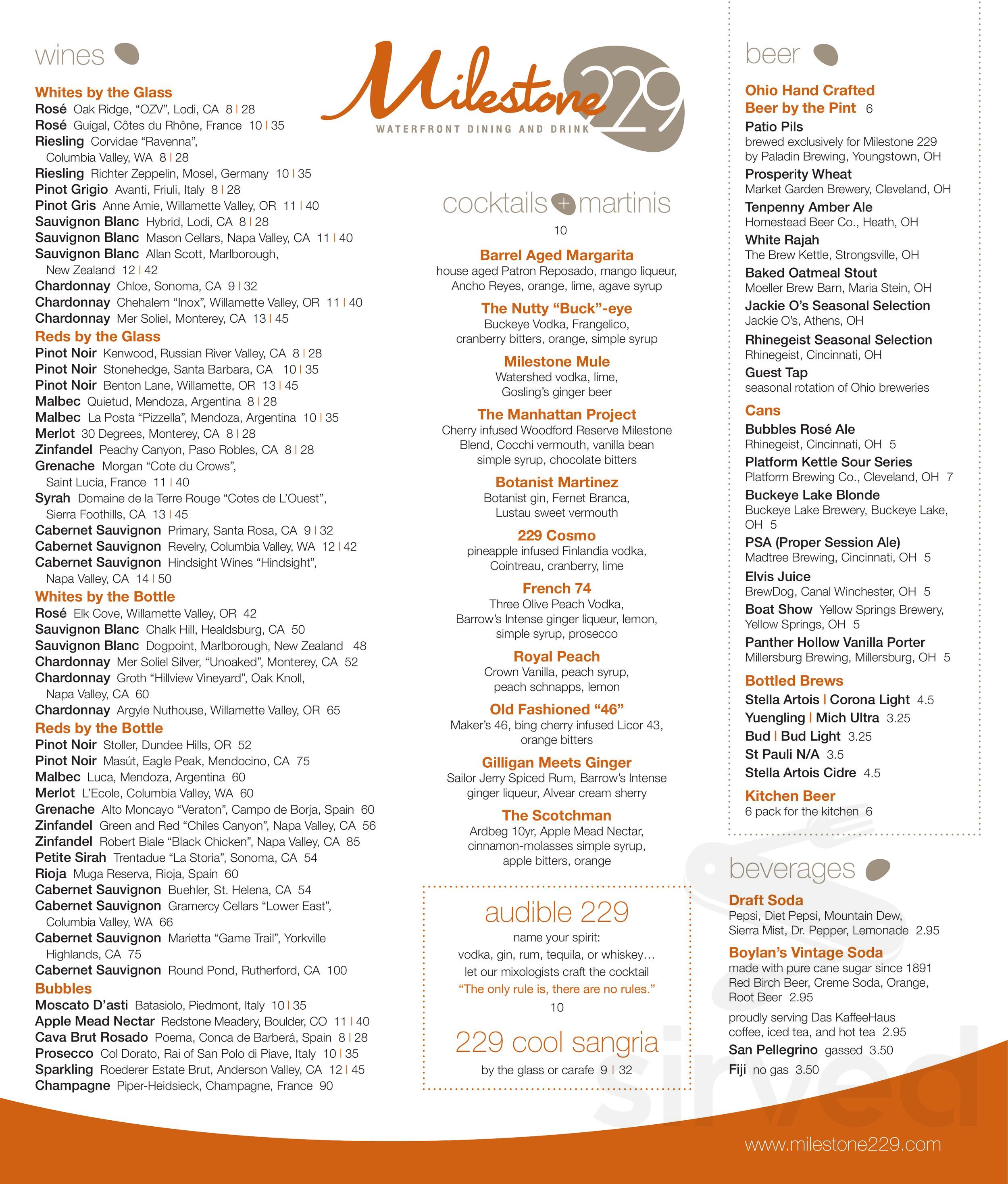 Menu - Columbus OH's Milestone 229 | Sirved