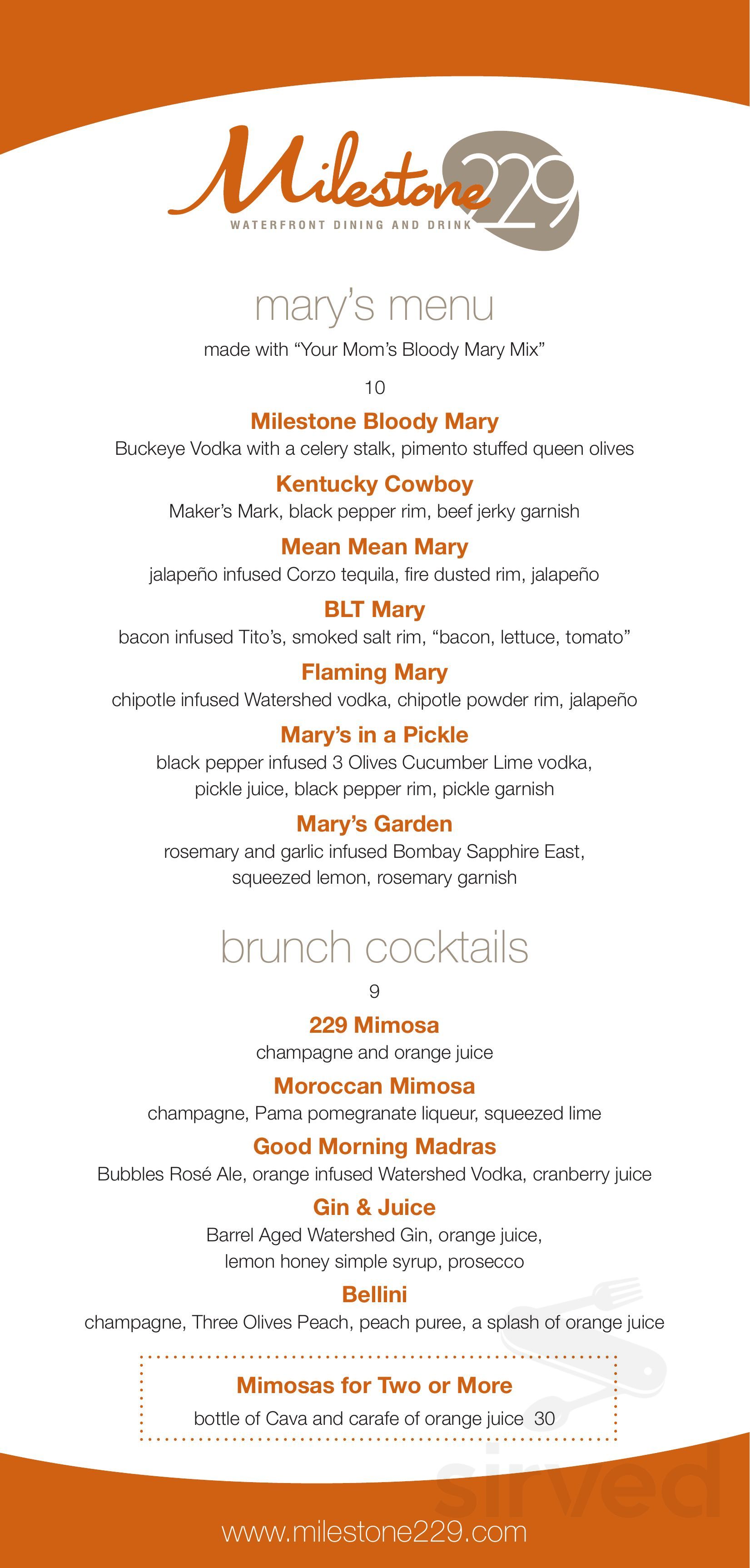 Menu - Columbus OH's Milestone 229 | Sirved