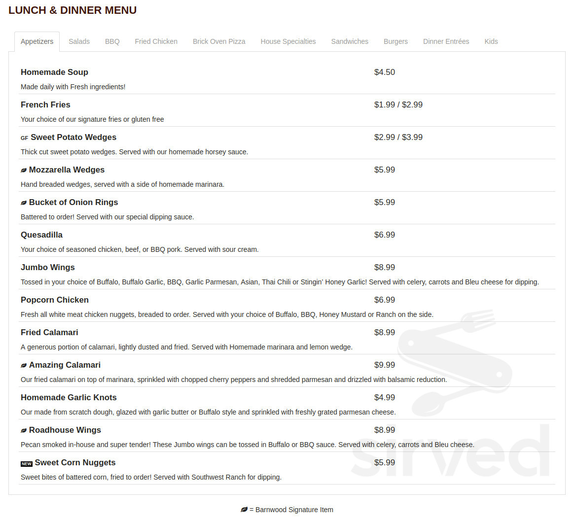 Menu for Barnwood Restaurant in Catskill, NY | Sirved