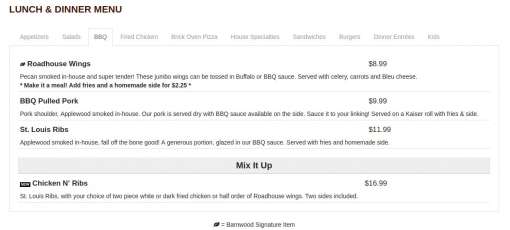 Menu for Barnwood Restaurant in Catskill, NY | Sirved