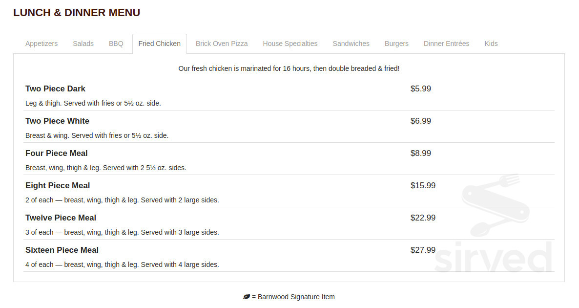 Barnwood Restaurant menu in Catskill, New York, USA