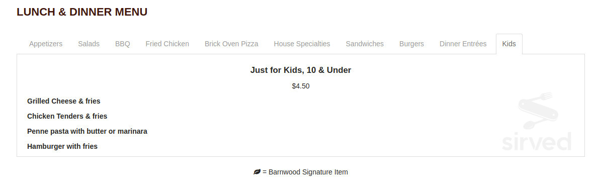 Barnwood Restaurant menu in Catskill, New York, USA