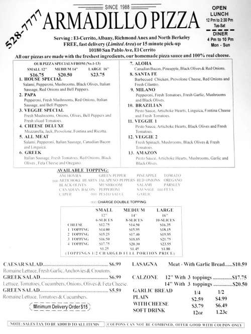 Armadillo Pizza menu in El Cerrito, California, USA