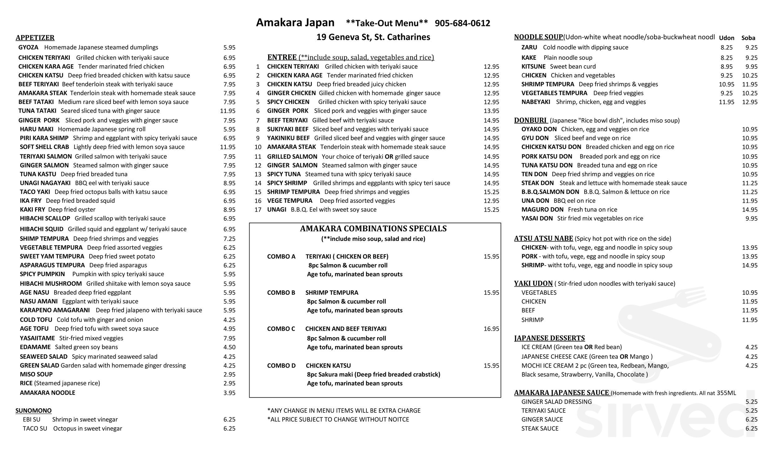 Amakara Japan menus in St. Catharines, Ontario, Canada
