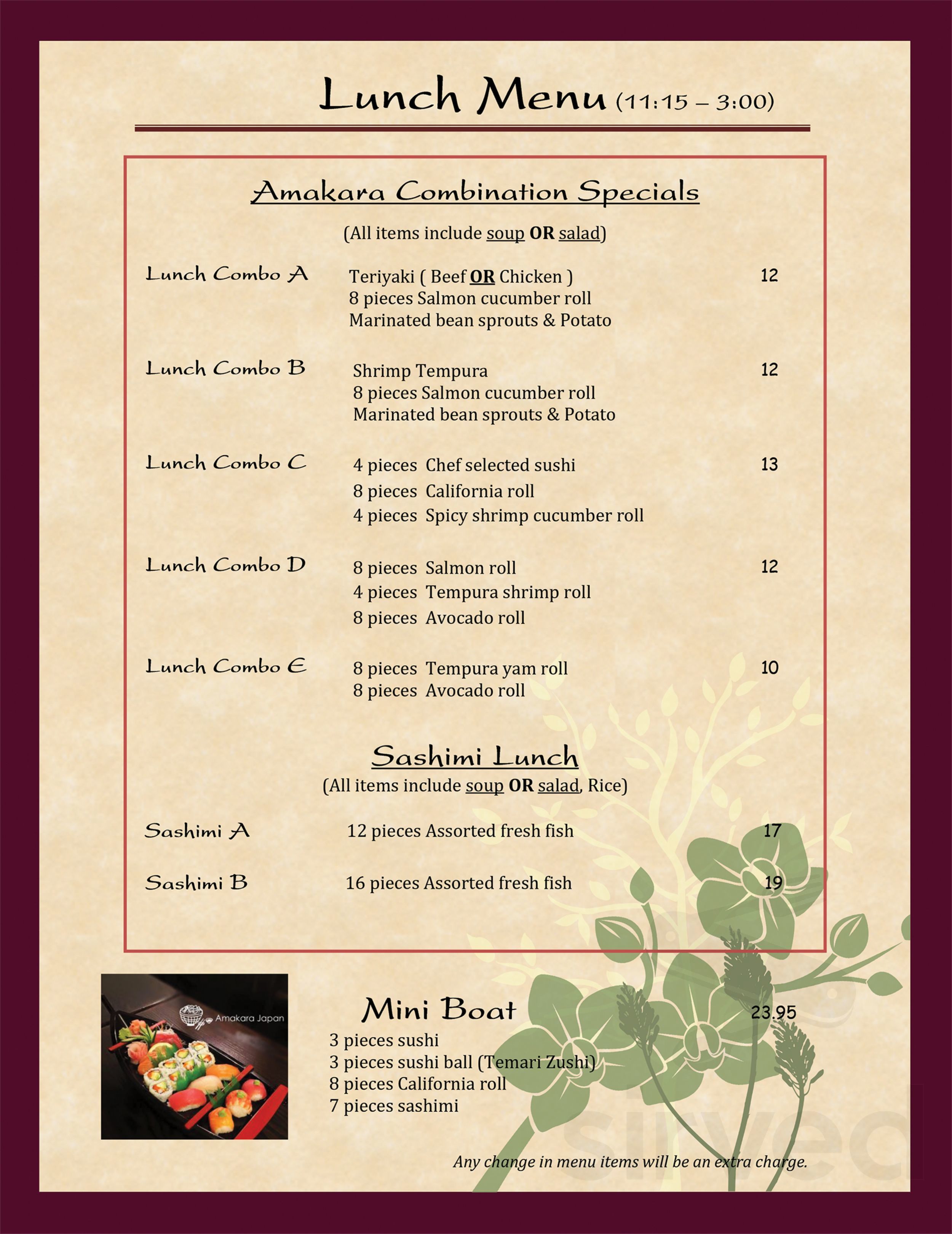 Amakara Japan menus in St. Catharines, Ontario, Canada