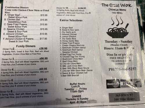 The Great Wok menu in 100 Mile House, British Columbia, Canada