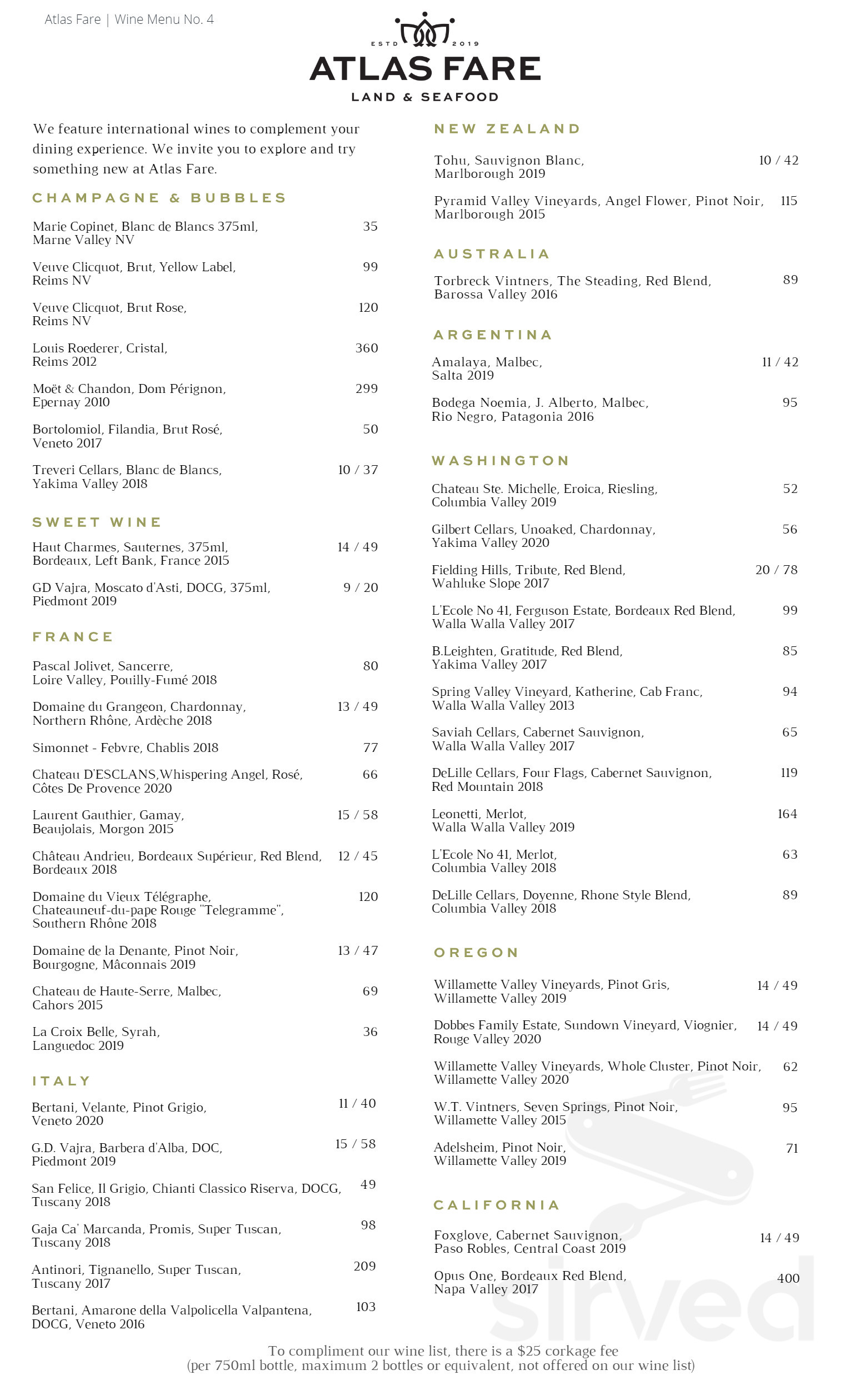 Atlas Fare menu in Wenatchee, Washington, USA