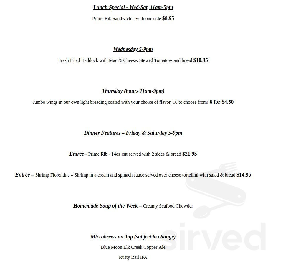 Menu - Mt Pleasant Mills PA's Meiserville Inn | Sirved