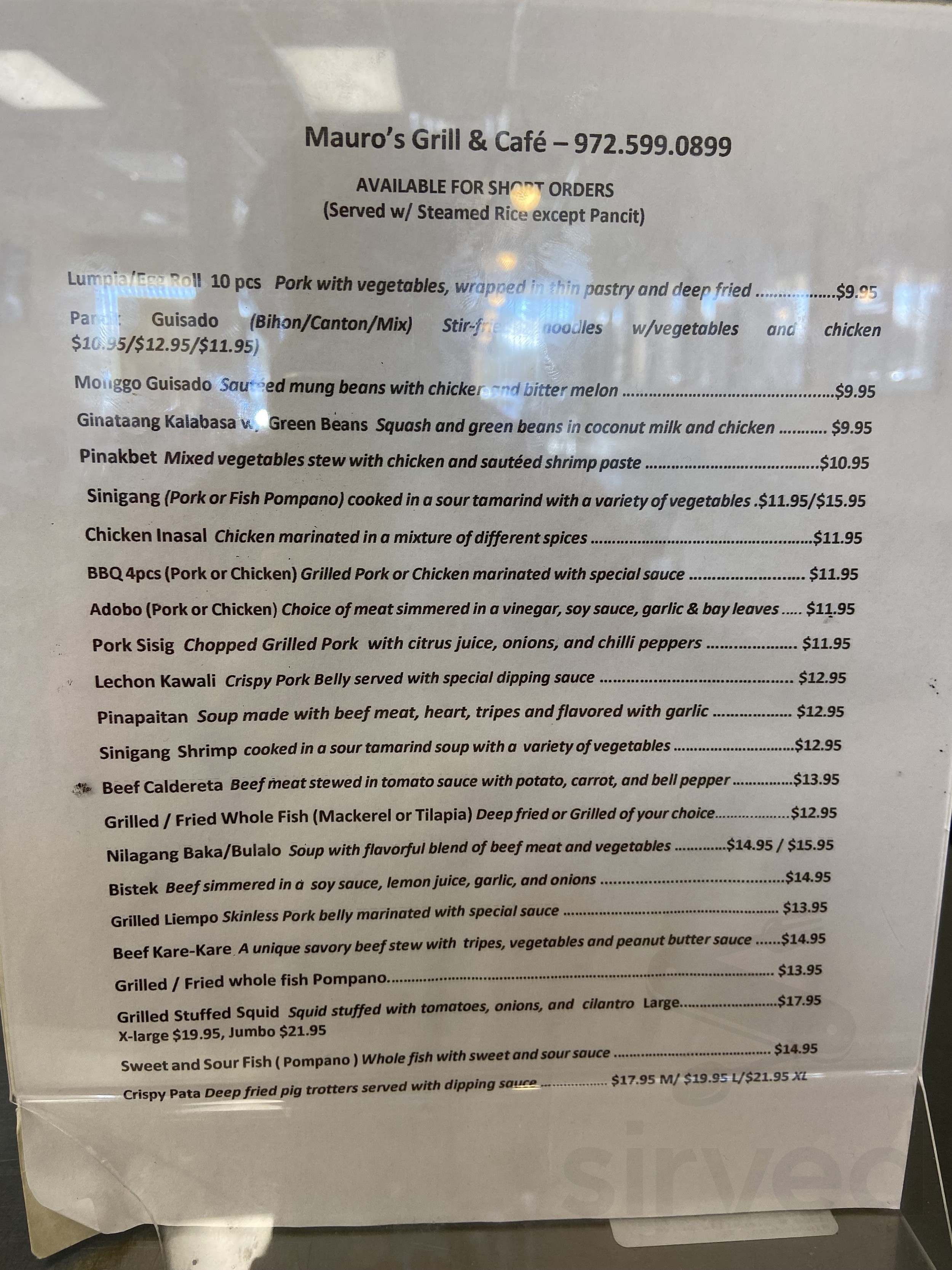 Mauro's Grill and Café - Filipino Cuisine menu in Plano, Texas, USA