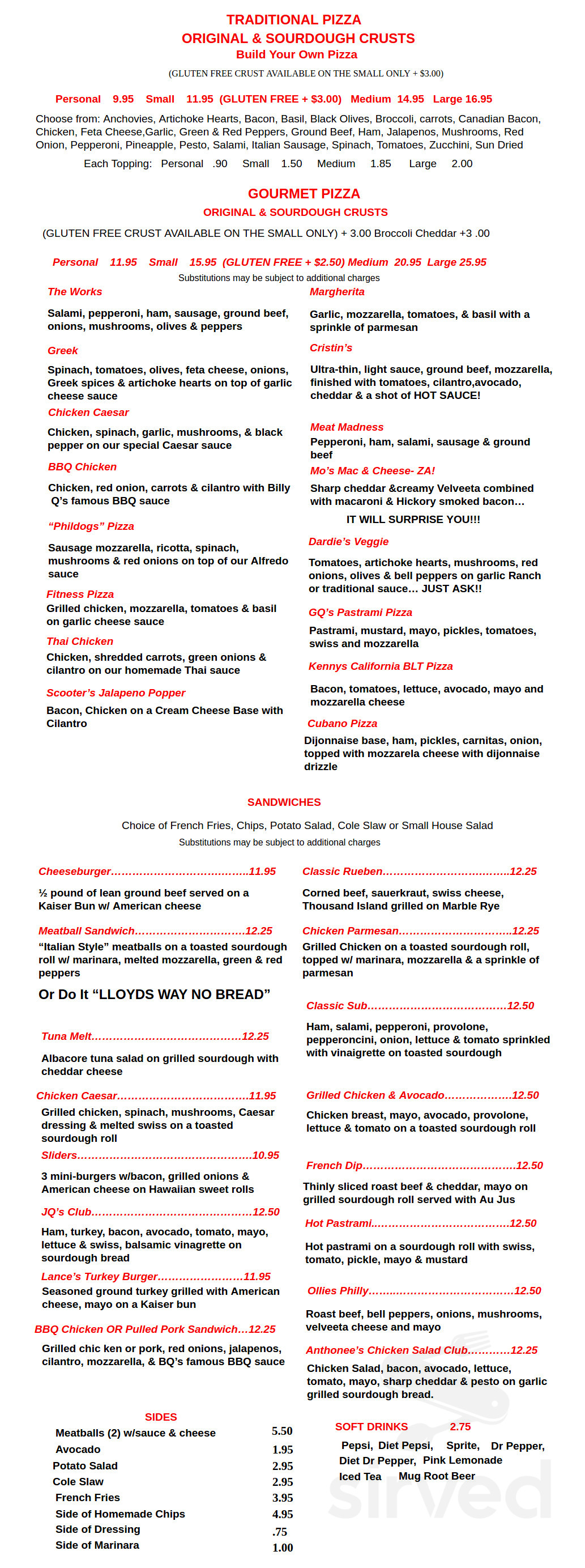 Menu for Billy Q's in Palm Desert, CA | Sirved