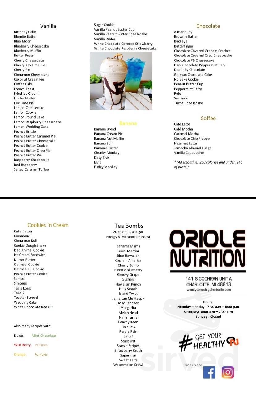 Menu - Charlotte MI's Oriole Nutrition | Sirved