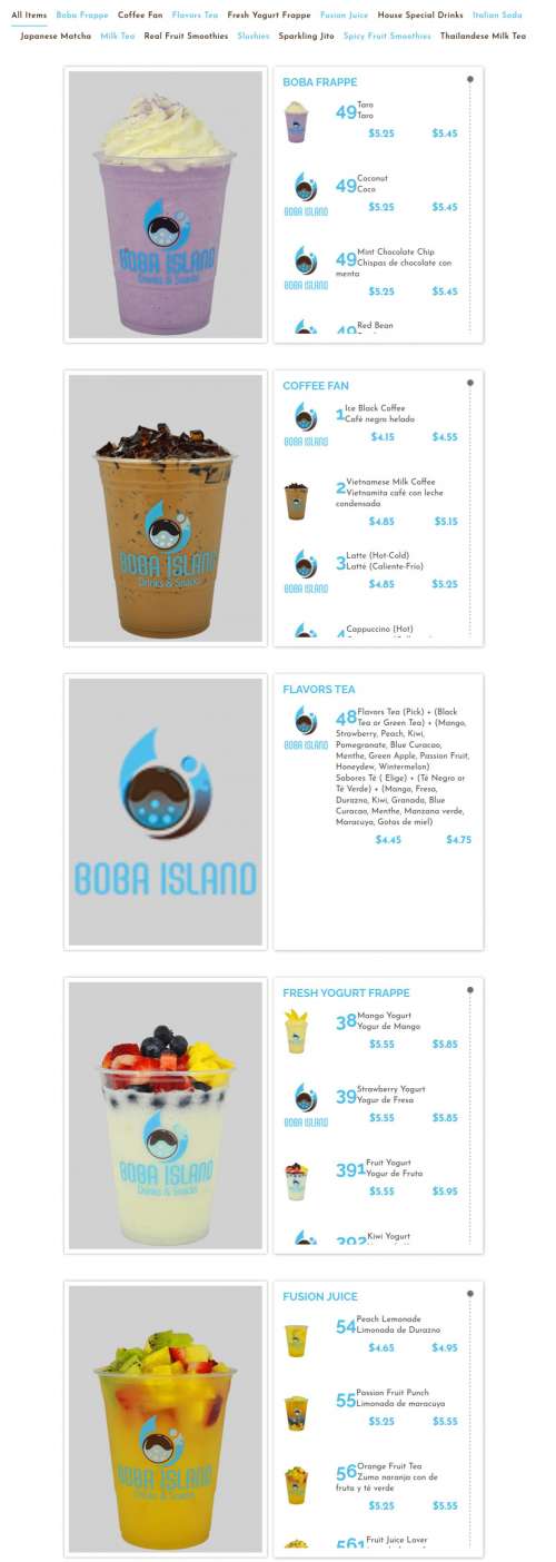 BoBa Island menu in Houston, Texas, USA