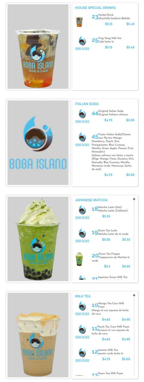 BoBa Island menu in Houston, Texas, USA